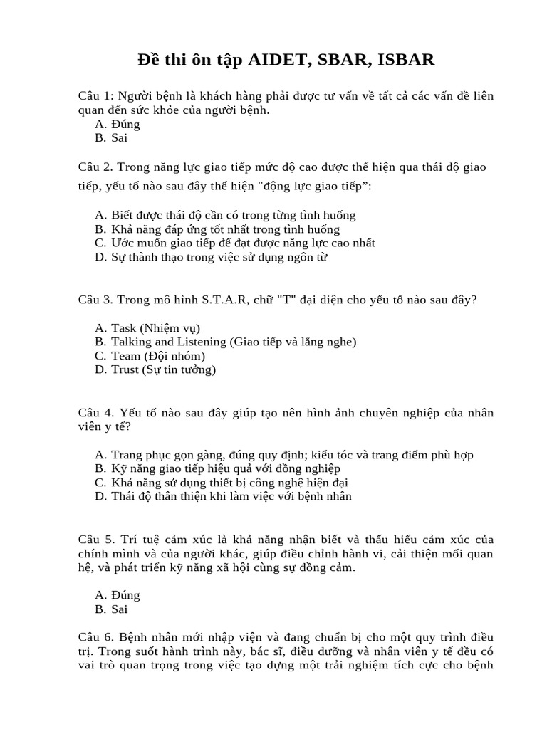 Đề thi ôn tập AIDET - Trắc Nghiệm | PDF