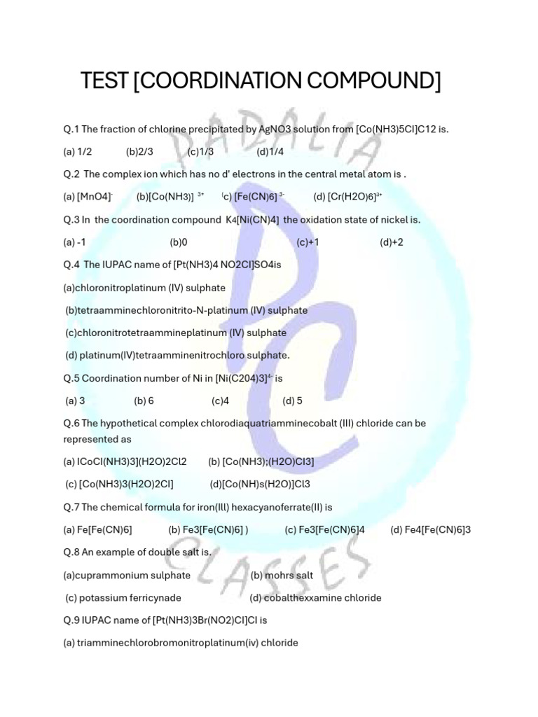 Test - Coordination Compound - 1 | PDF | Coordination Complex | Sulfate