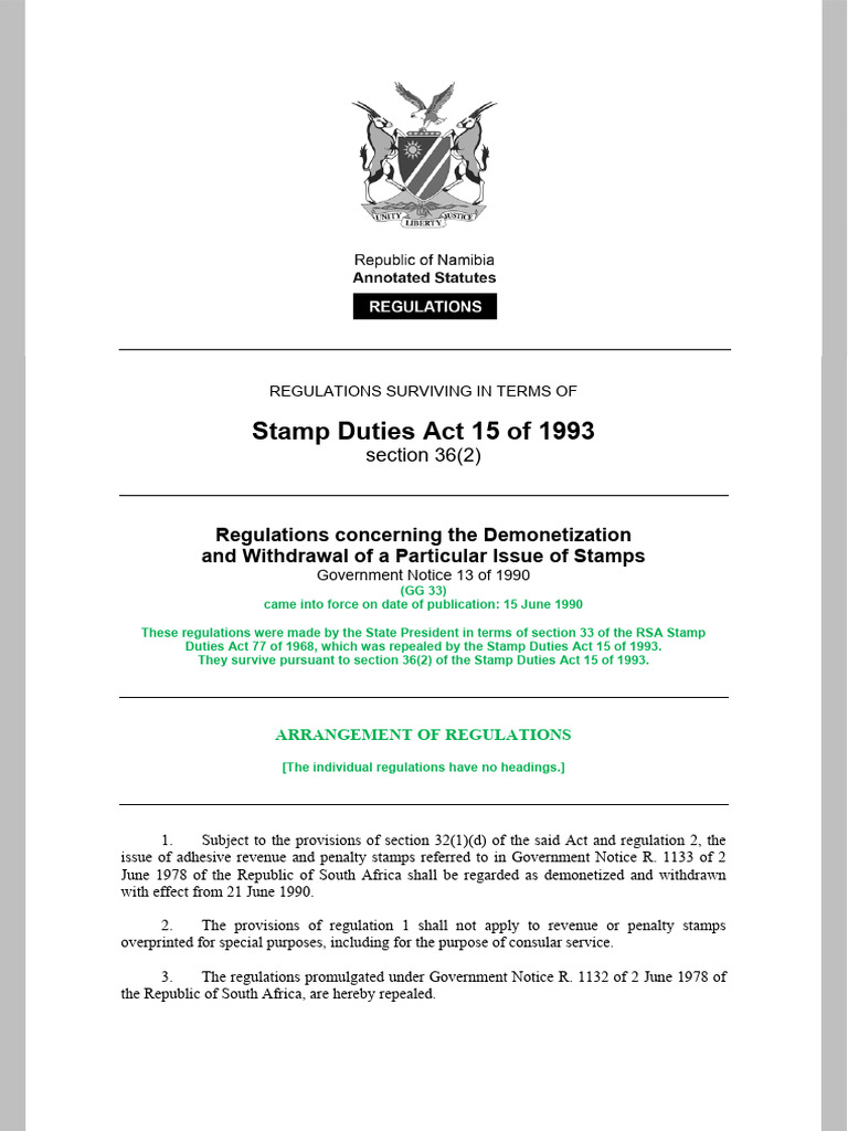 Stamp Duties Act 15 of 1993-Regulations 1990-013 | PDF