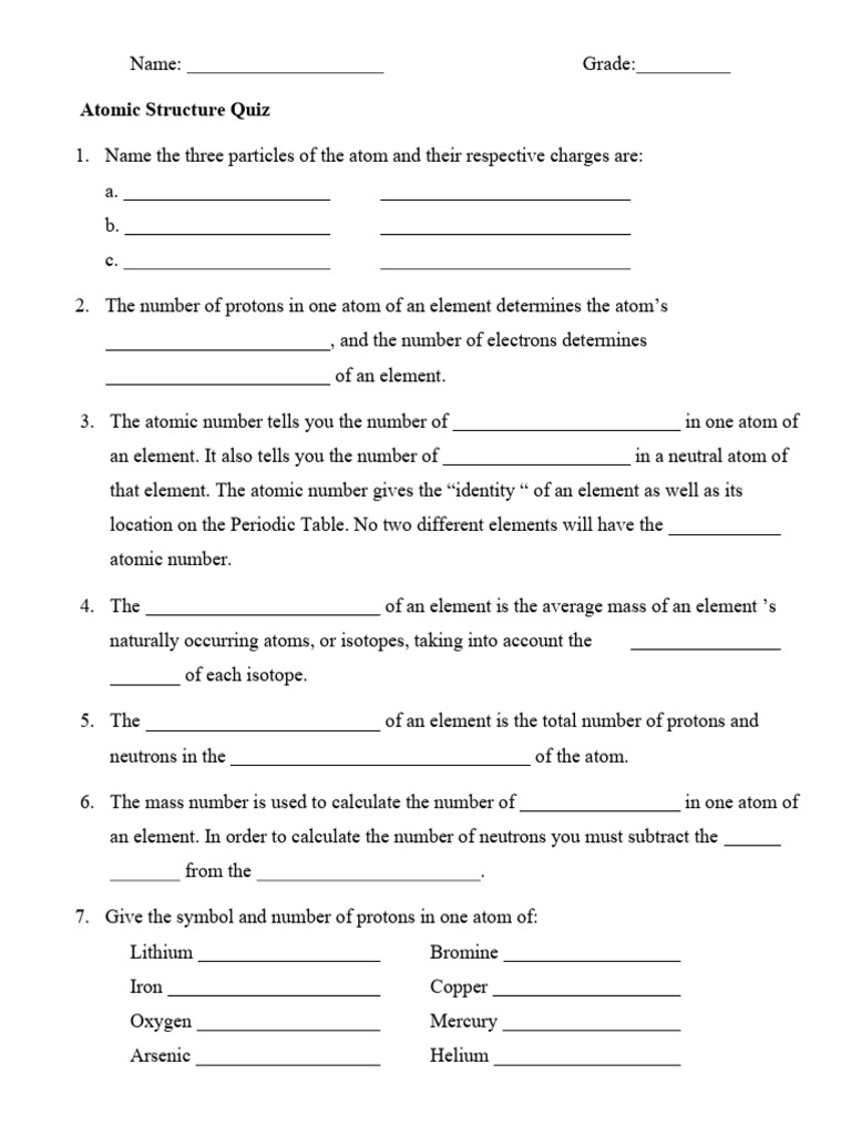 Quiz 3 Atomic - Structure - Quiz | PDF | Chemical Elements | Atoms