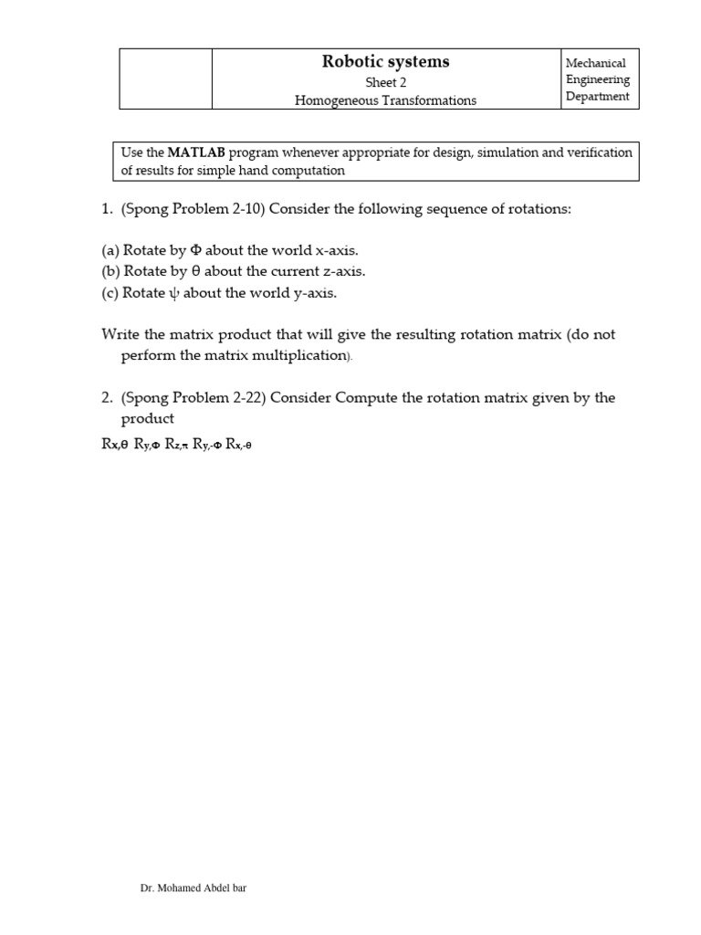 Robotics Sheet 2 | PDF