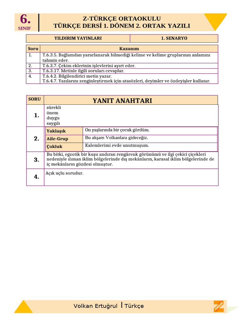 6.sinif 1. Donem 2.yazili Z Turkce Yildirim Senaryo 1 Yanit Anahtari | PDF