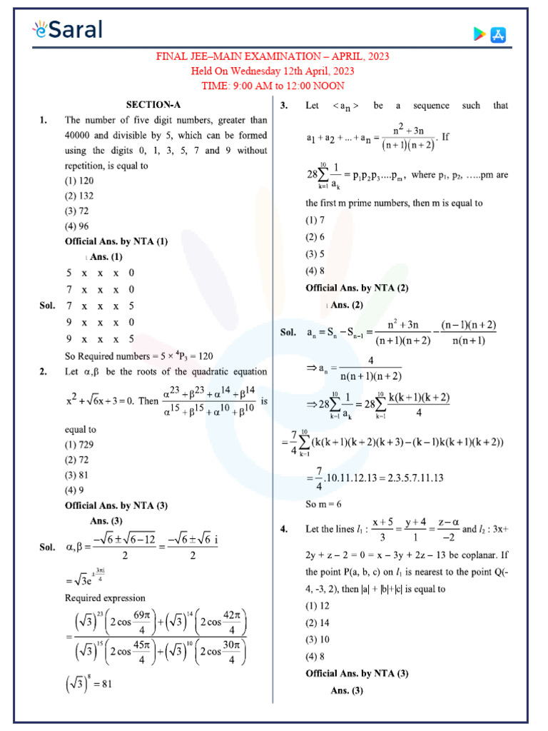 120 Mathematics Paper With Sol Morning | PDF