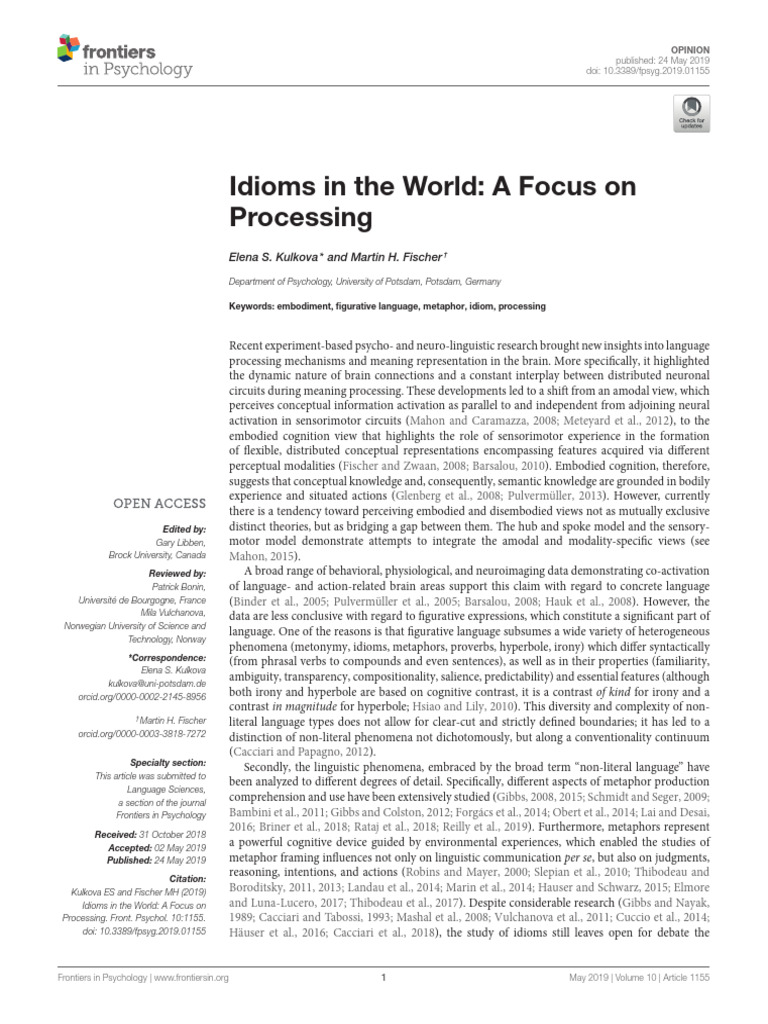 Idioms in The World A Focus On Processin | PDF | Embodied Cognition | Idiom