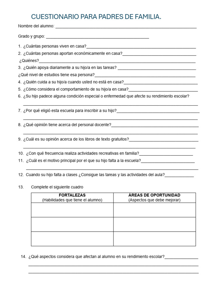 CUESTIONARIO PARA PADRES DE FAMILIA | PDF | Escuelas