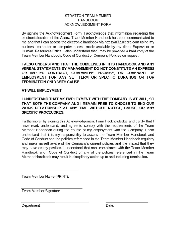 Stratton Team Member Handbook Acknowledgment Form | PDF