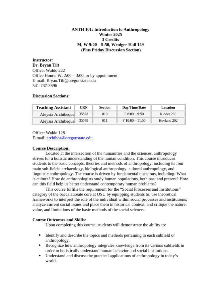 ANTH 101 Syllabus 2025 Winter | PDF | Anthropology | Social Sciences