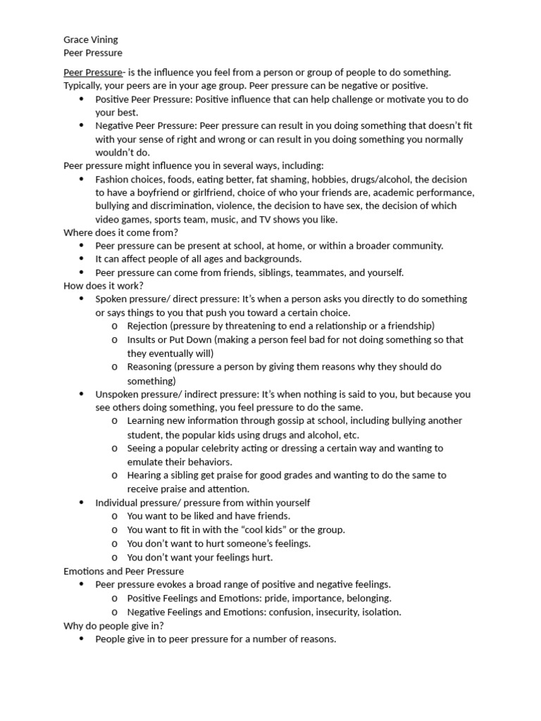 Health Lesson 3 Peer Pressure | PDF | Feeling | Bullying