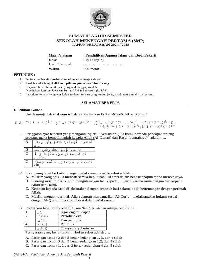 Soal SAS 7 PAI | PDF