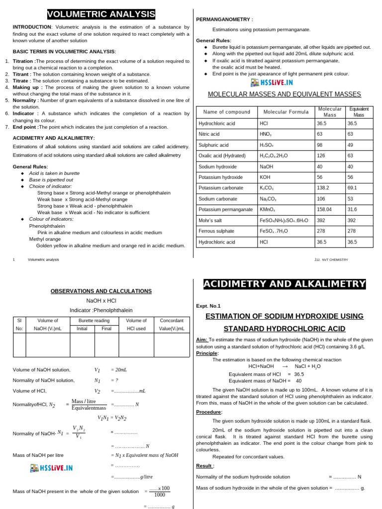 Volumetric Analysis Techniques Explained | PDF | Titration | Chemistry