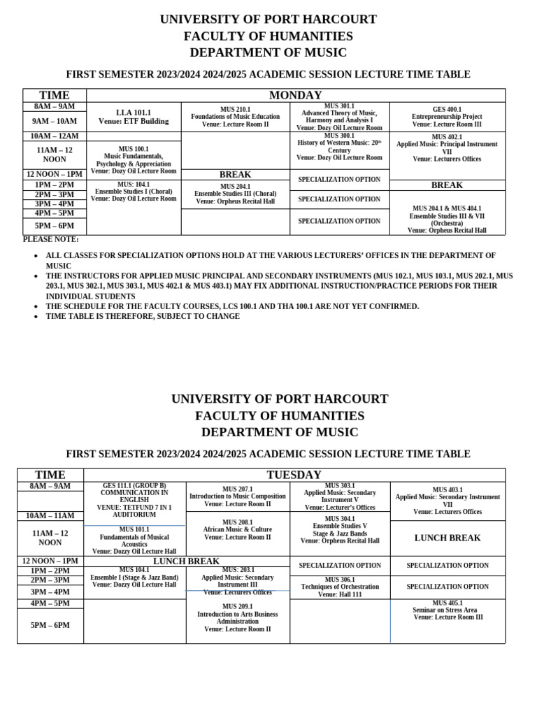 UNIPORT Music Department Timetable 2023/2024 | PDF | Music Theory ...