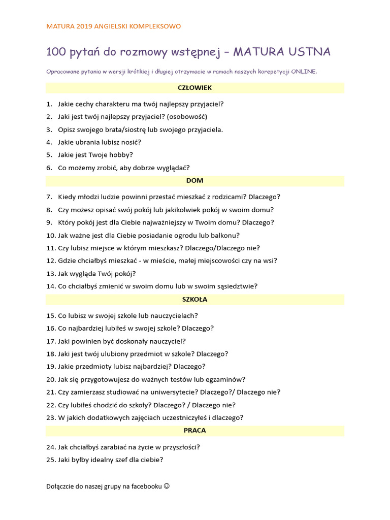 Rozmowa wstępna matura ustna MATURA 2019 ANGIElSKI KOMPLEKSOWO | PDF