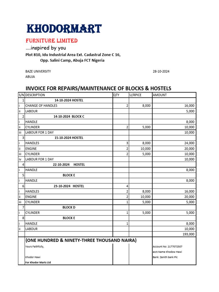 Baze University Hostel Maintenance Invoice | PDF