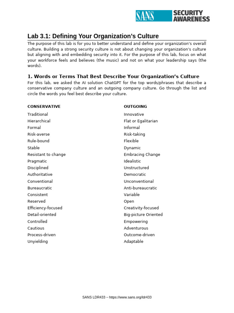 Stage04 01 Lab3.1 DefiningYourCulture | PDF | Organizational Culture | Innovation