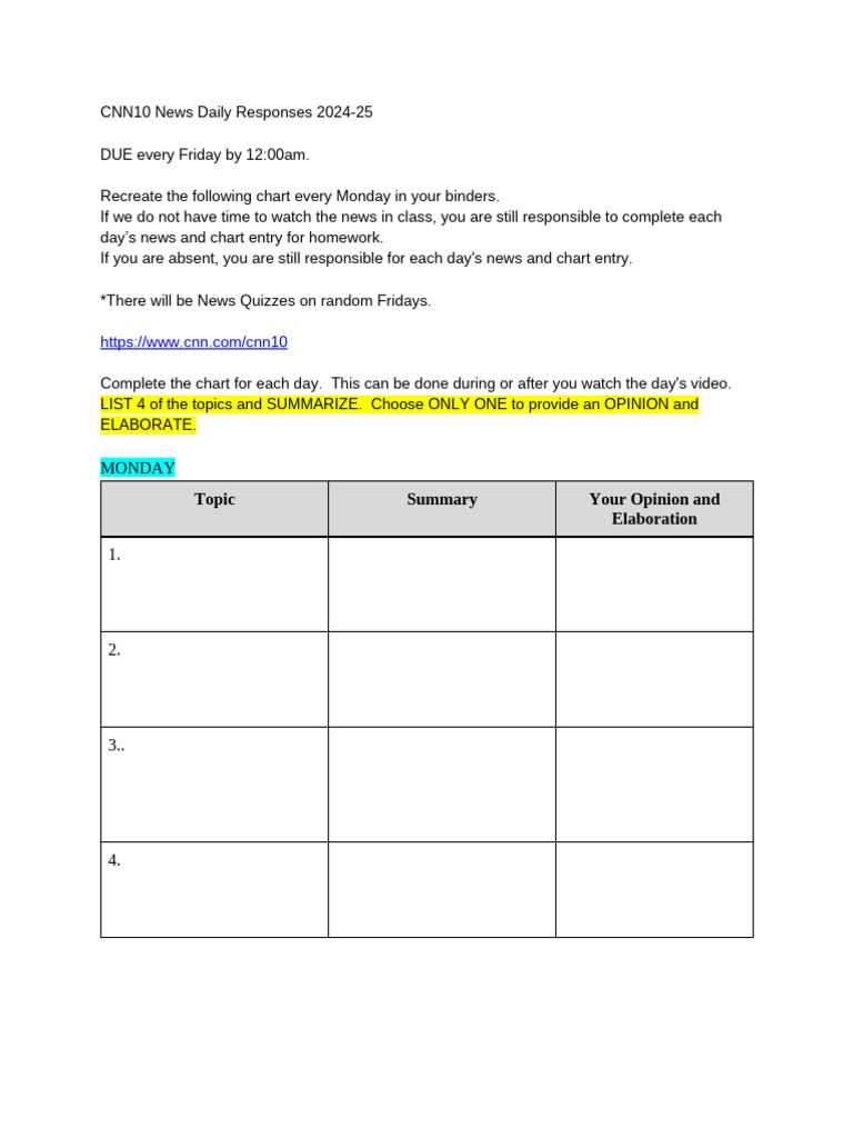 CNN10 Student News Tasks | PDF