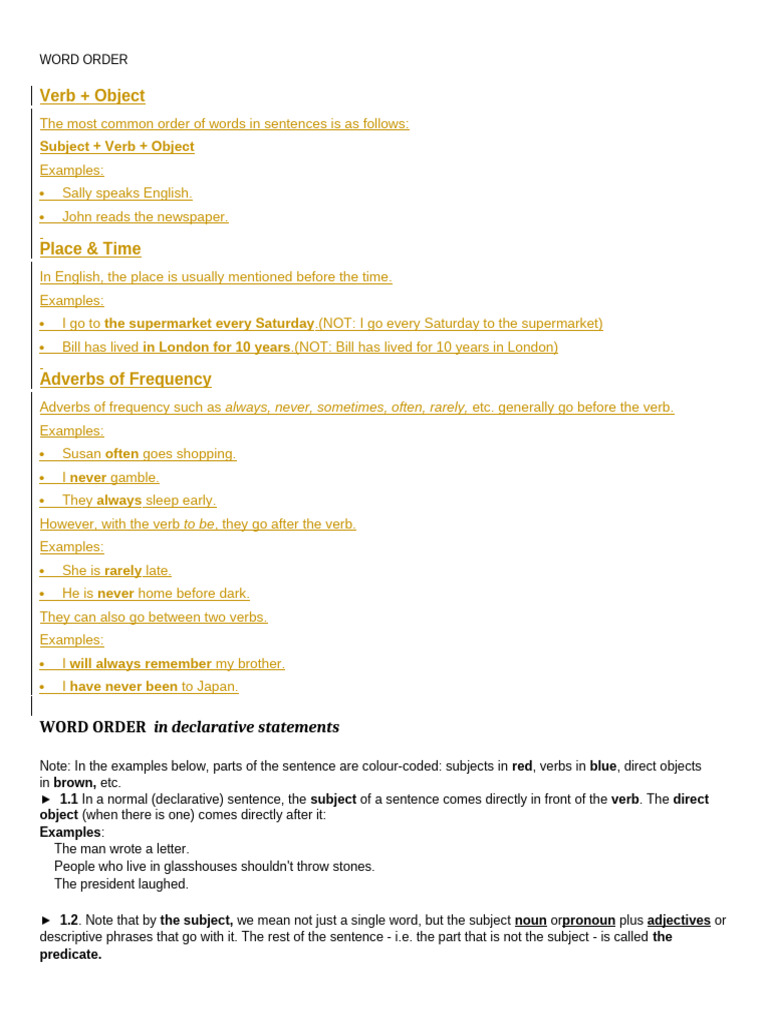 WORD ORDER | PDF | Verb | Adverb