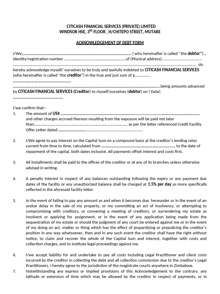 Acknowledgment of Debt Form | PDF | Creditor | Interest