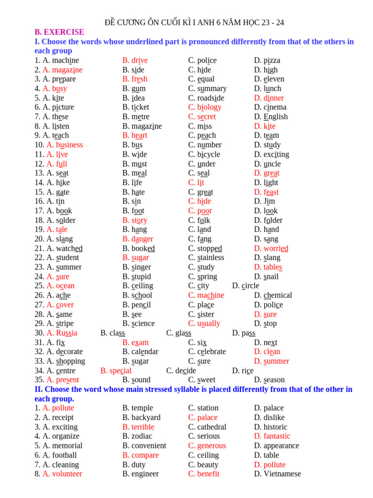 Đề Cương Ôn Cuối Kì i Anh6 Năm Học 23-24 | PDF