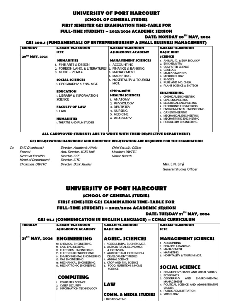 Ges Exam Time Table FT 1ST Semester 2023 - 2024 Academic Session Final - 055953 | PDF ...