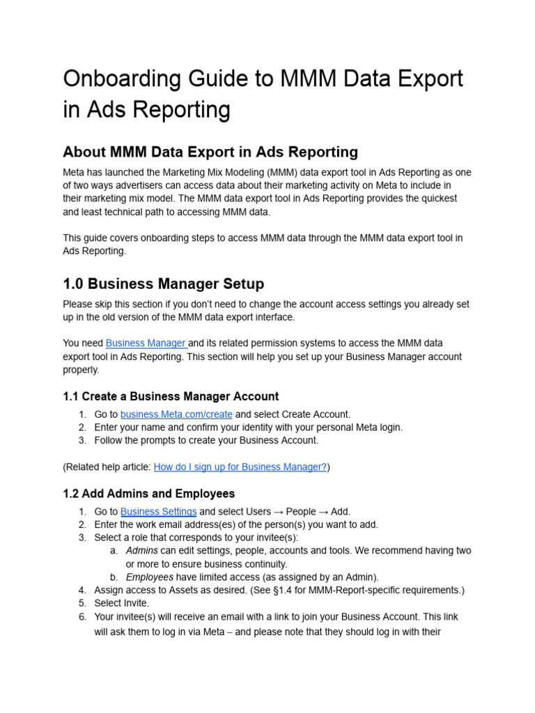 Onboarding Guide To MMM Data Export in Ads Reporting | PDF | System Software | Software