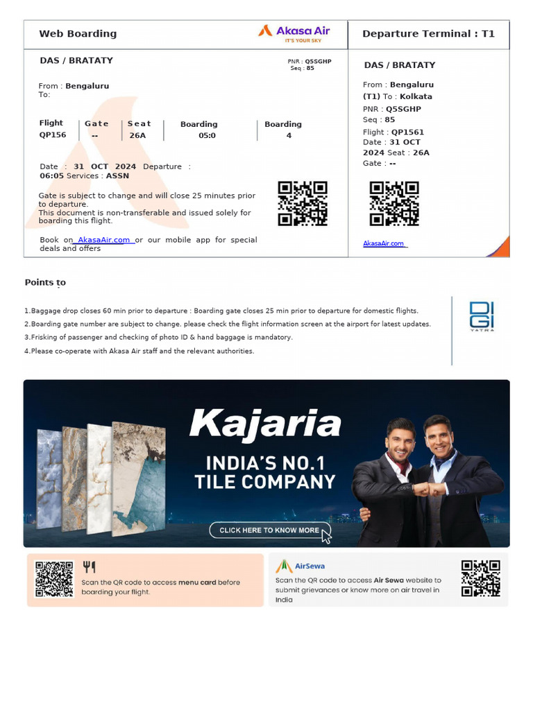2025 E-Boarding Pass - Q5SGHP - Brataty (BLR To CCU) | PDF