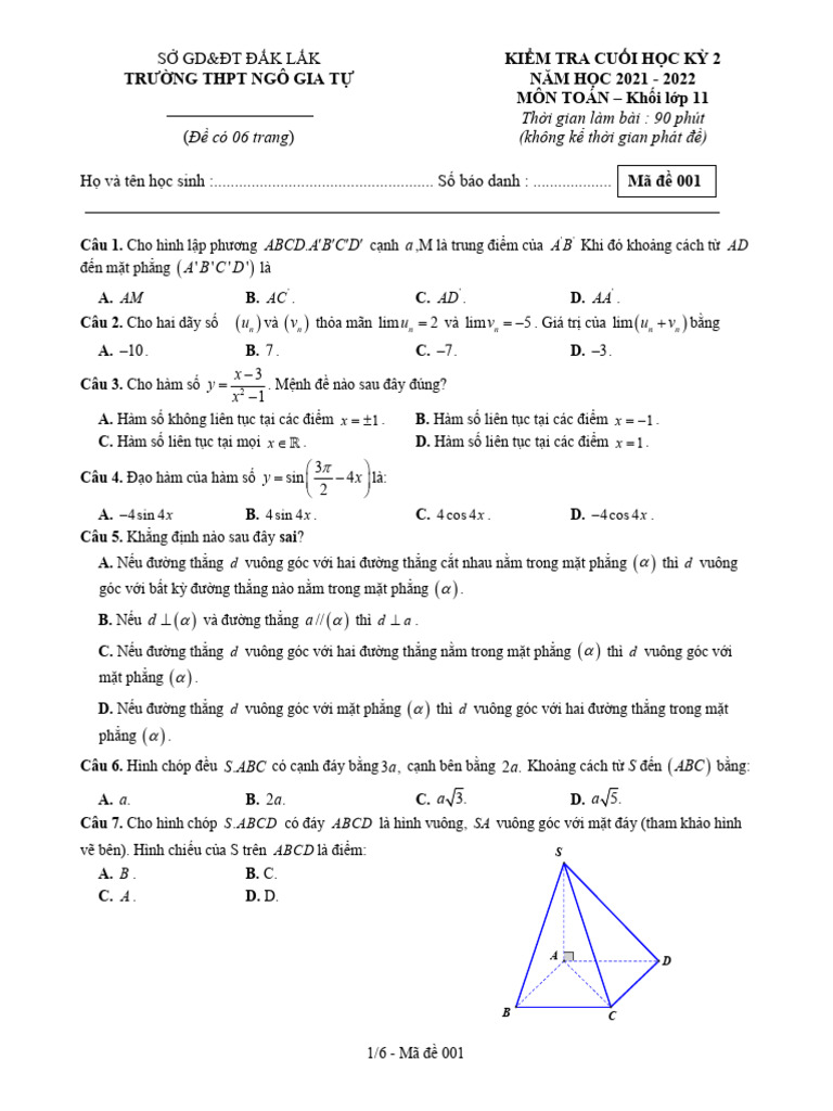 De Thi Hk2 Toan 11 Nam 2021 2022 Truong THPT Ngo Gia Tu Dak Lak | PDF