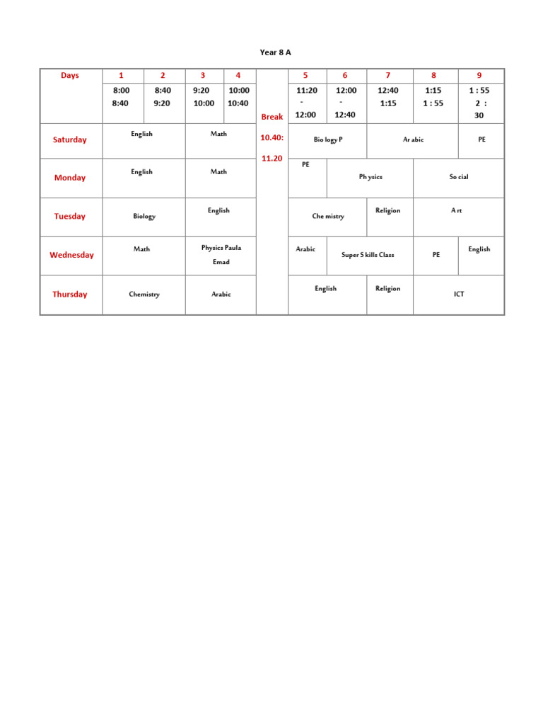Time Table 2024-2025 - Year | PDF