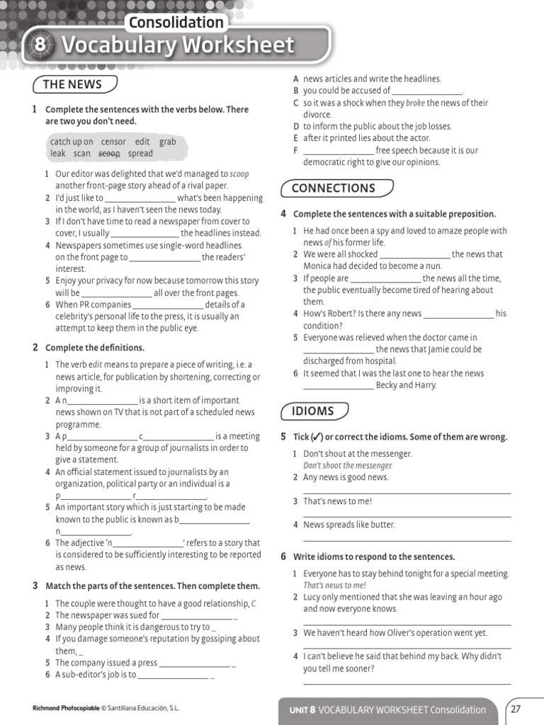 Achievers C1 Vocabulary Worksheet Consolidation Unit 2 | PDF | News