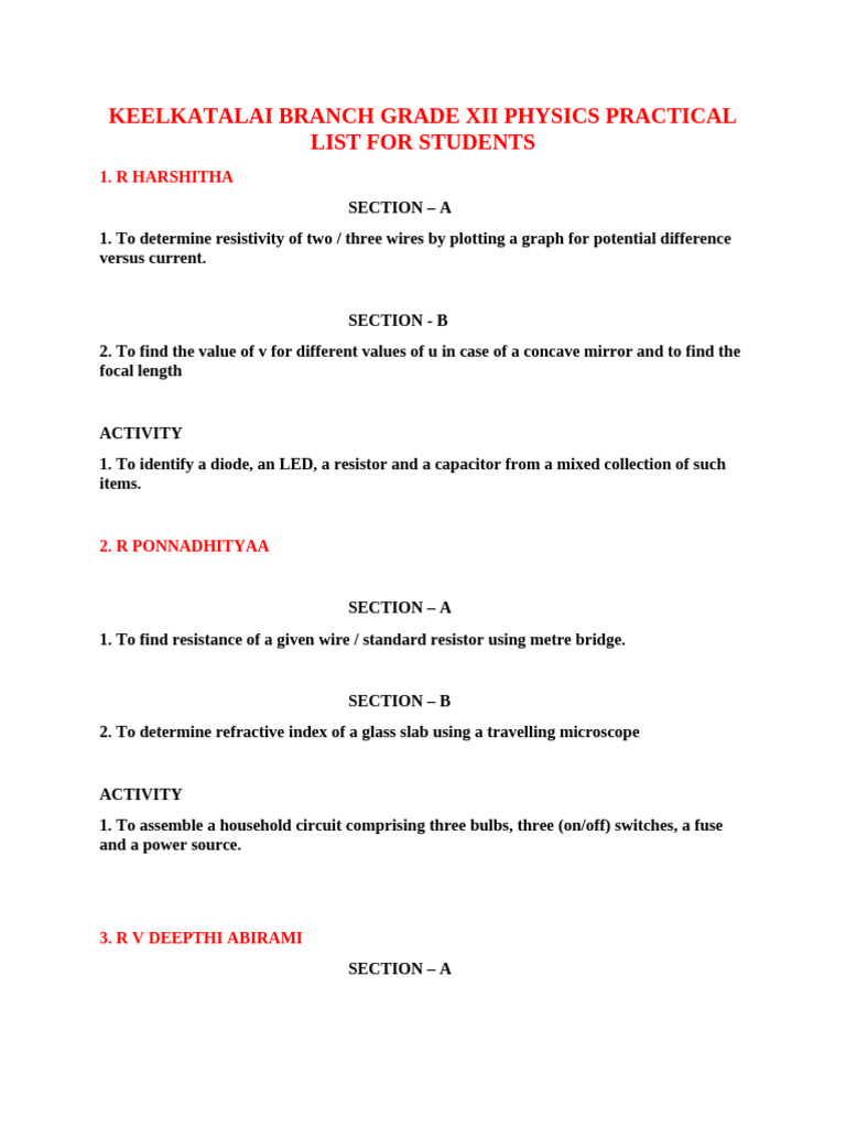Grade XII Physics Practical List | PDF | Electrical Resistance And Conductance | P–N Junction