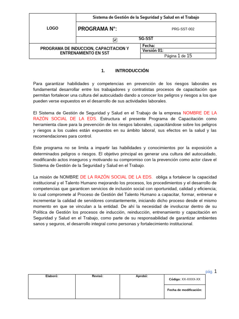 PRG-SST-002-PROGRAMA-DE-INDUCCION-Y-ENTRENAMIENTO | PDF