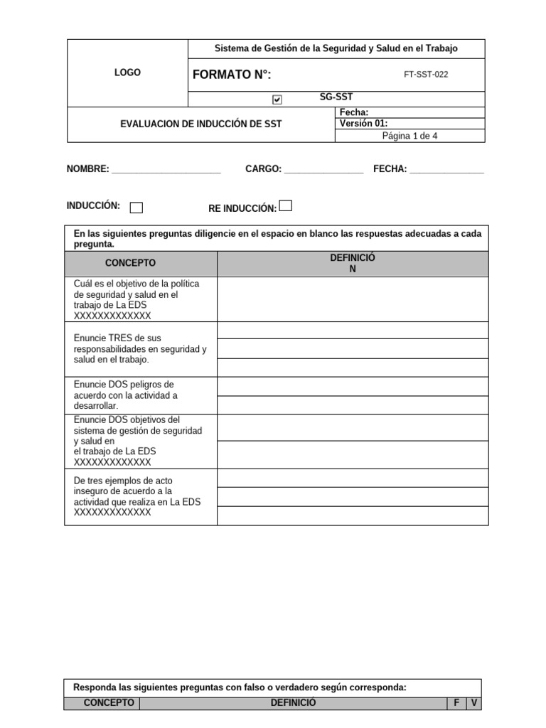 FT SST 022 Evaluacion de Induccion SST | PDF