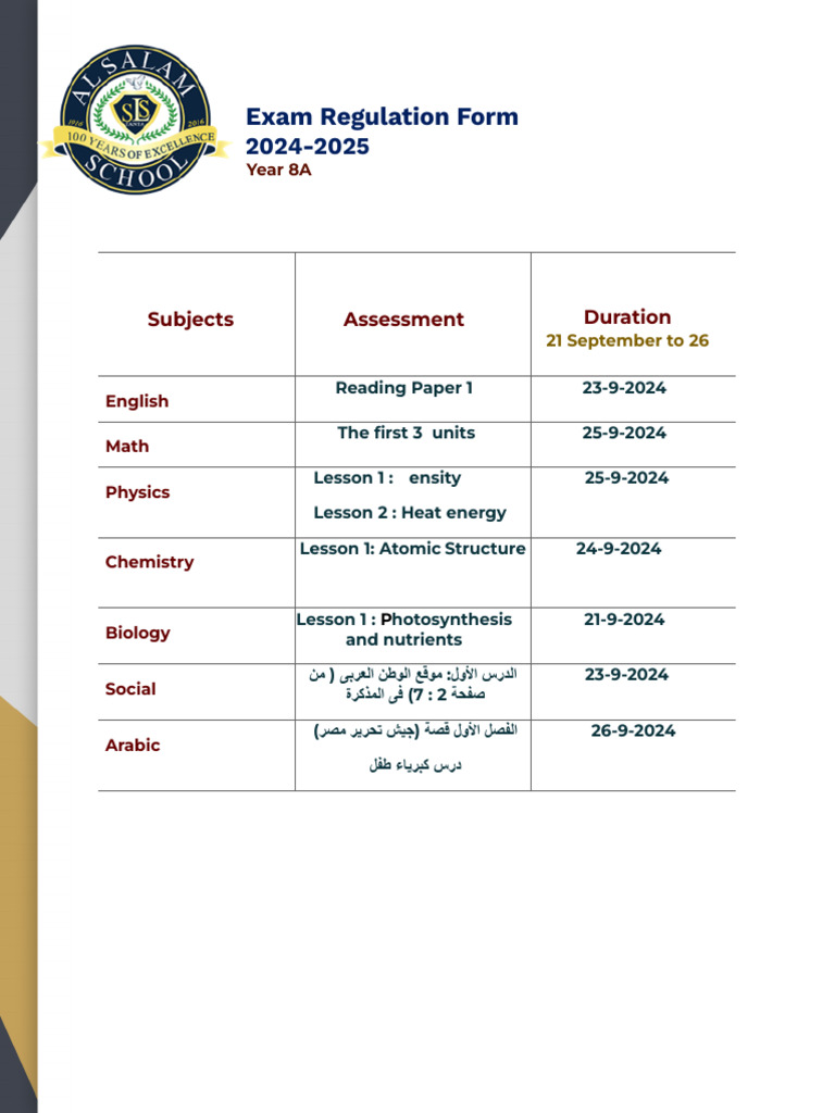 Exam Regulation Form 2024-2025 Year 8A | PDF