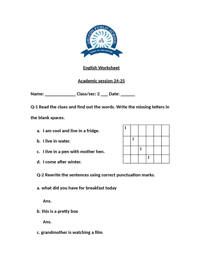 English worksheet class2 November | PDF