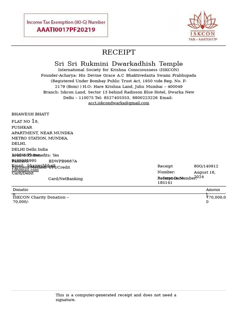 ISKCON Dwarkadhish Donation Receipt | PDF