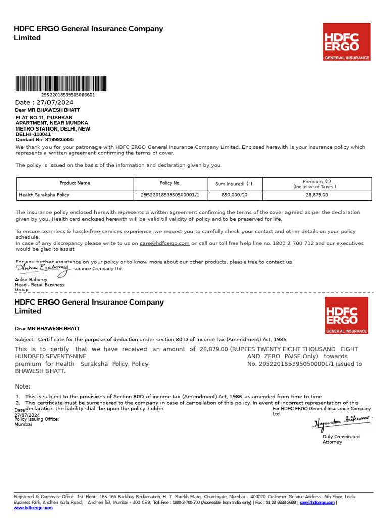 HDFC ERGO Health Suraksha Policy Certificate | PDF | Insurance | Payments