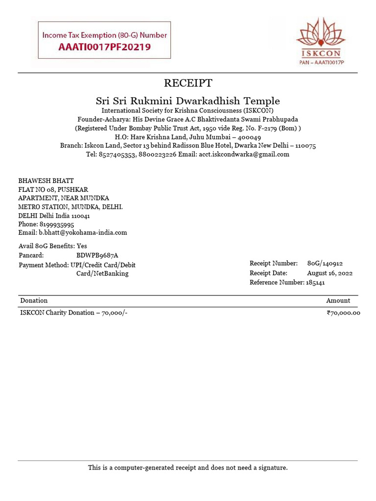ISKCON Donation Receipt - 80G Benefits | PDF