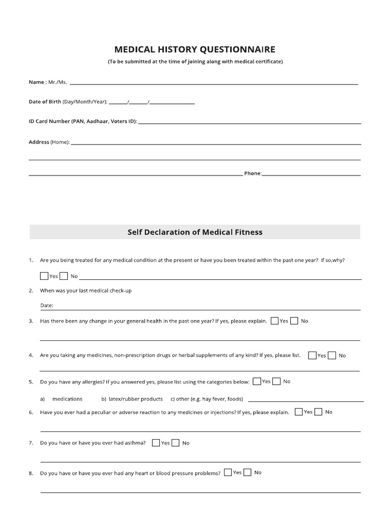 Medical History Questionnaire Form | PDF