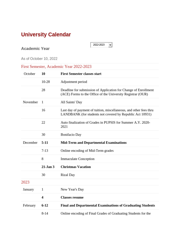 University Academic Calendar 2022-2023 | PDF | Academic Term | Academia