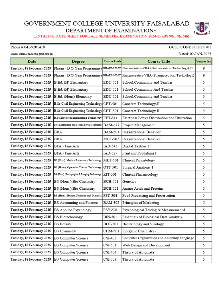 61 - Date Sheet of Fall Semester 2024-25 (9th, 7th, 5th) | PDF ...