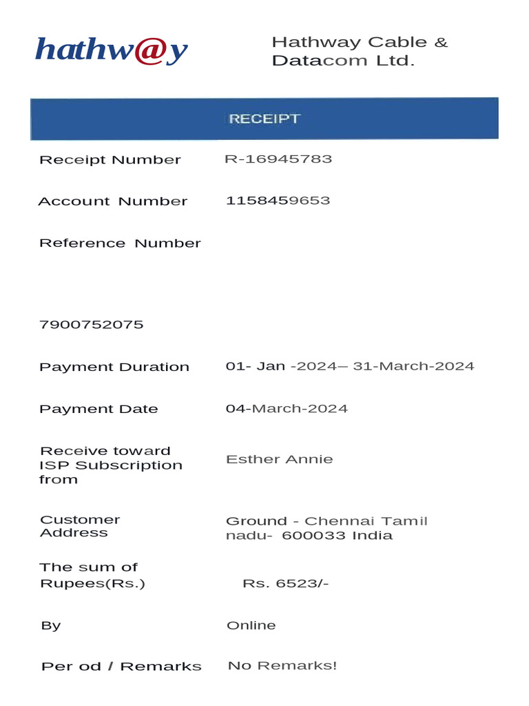 Hathway ISP Subscription Receipt 2024 | PDF