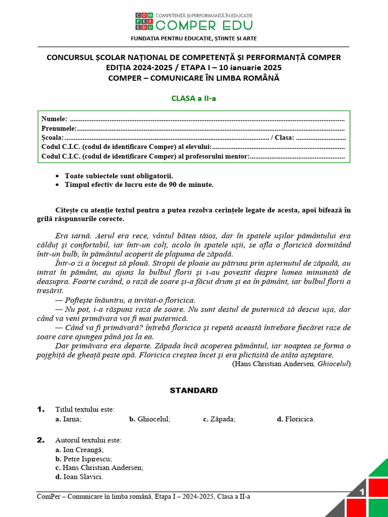Subiect Comper Romana EtapaI 2024 2025 clasaII | PDF