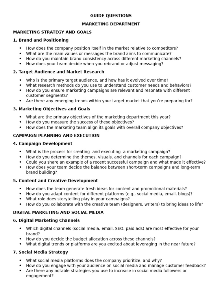 Guide Questions in Marketing Department | PDF | Digital Marketing ...