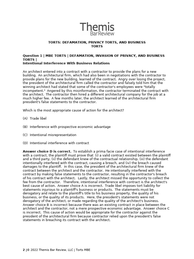 Torts Module 4 Defamation Privacy Business Torts Questions - Answers 1 ...