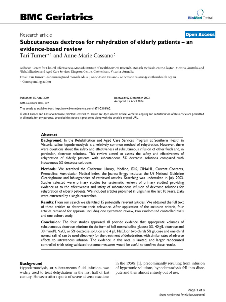 BMC Geriatrics: Subcutaneous Dextrose For Rehydration of Elderly ...