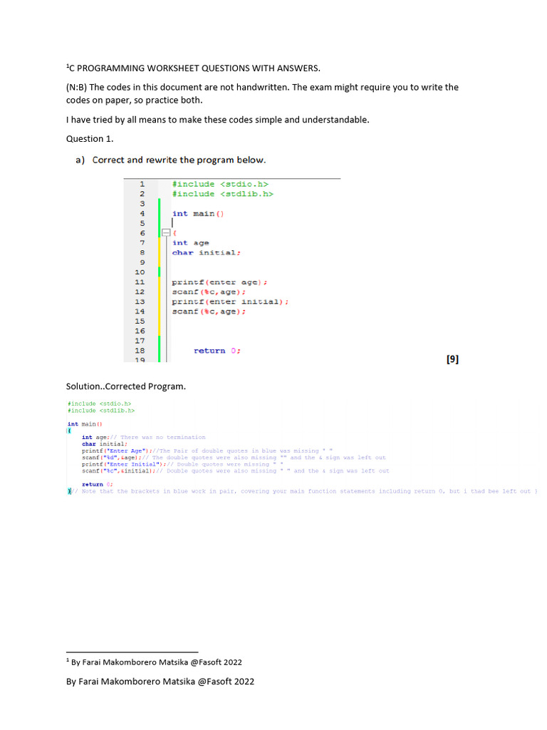 C Programming Worksheet With Answers...Farai_m_matsika - Copy | PDF ...