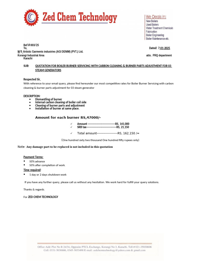 Quotation For Boiler Burner Servicing With Carbon Cleaning & Burner ...