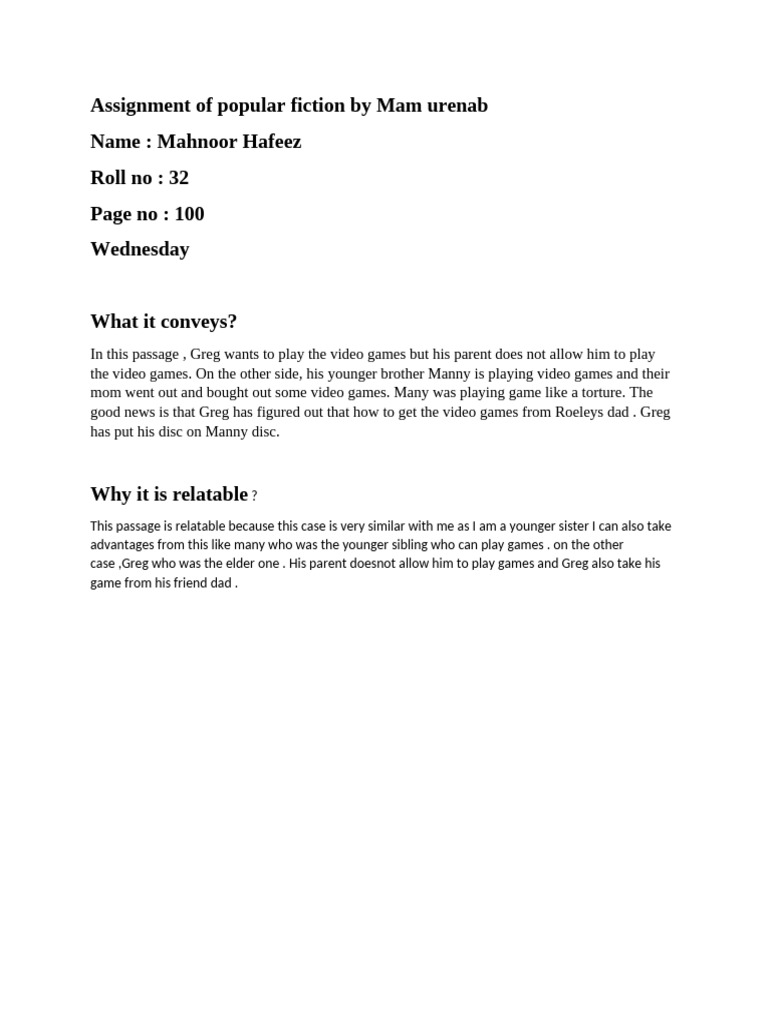 Assignment of Popular Fiction by Mam Urenab | PDF