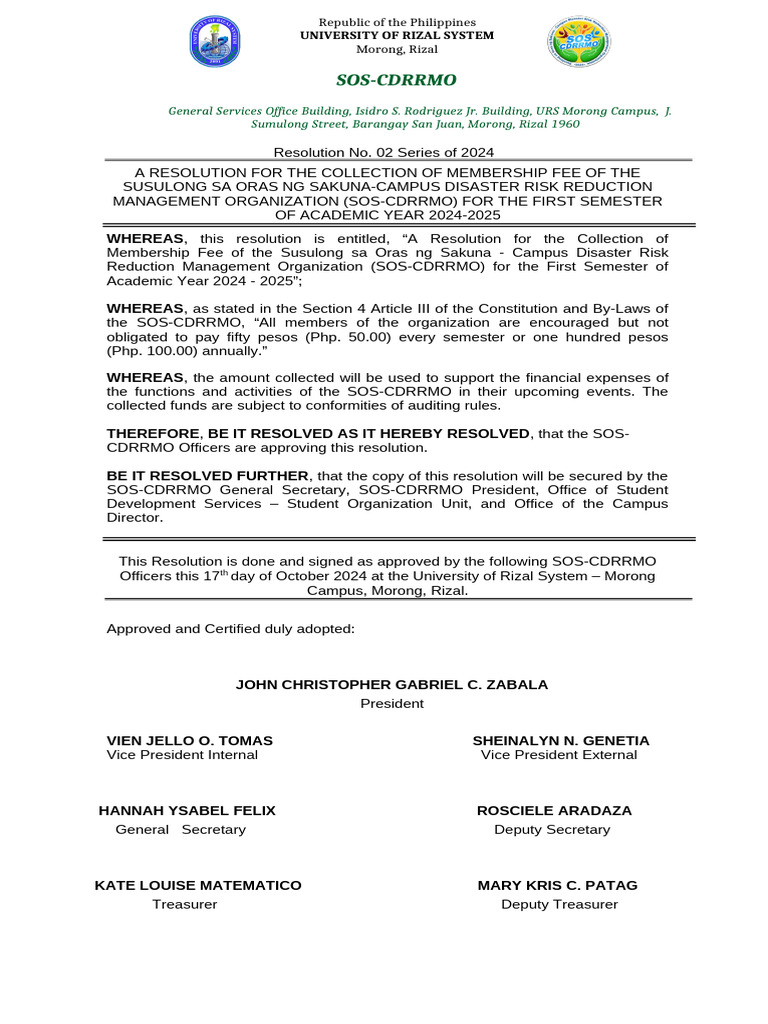 SOS-CDRRMO Membership Fee Resolution 2024 | PDF | Philippines