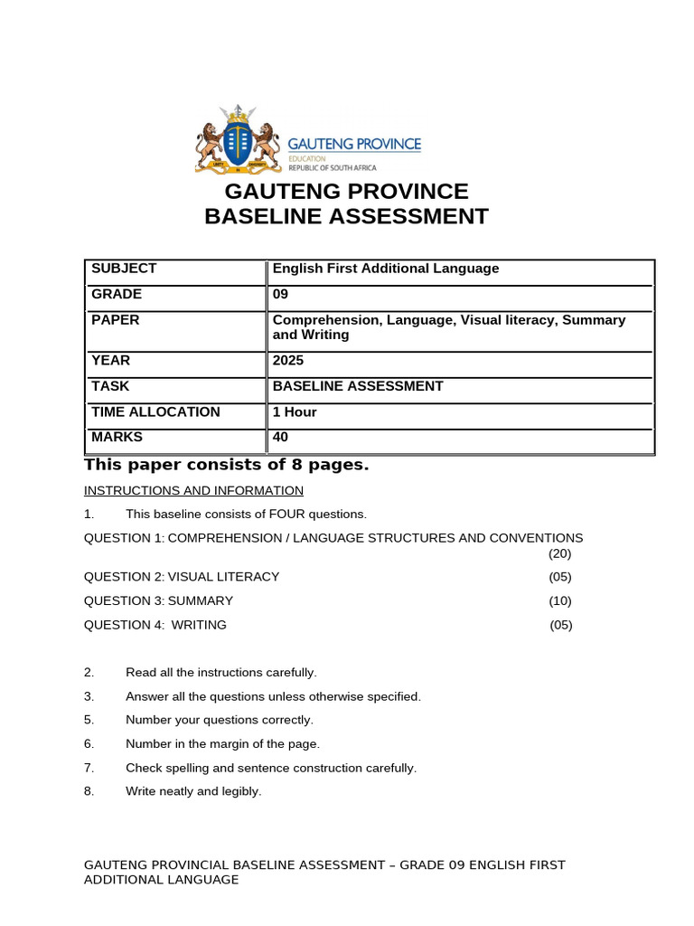 Grade 9 Term 1 Baseline Assessment | PDF | English Language | Literacy