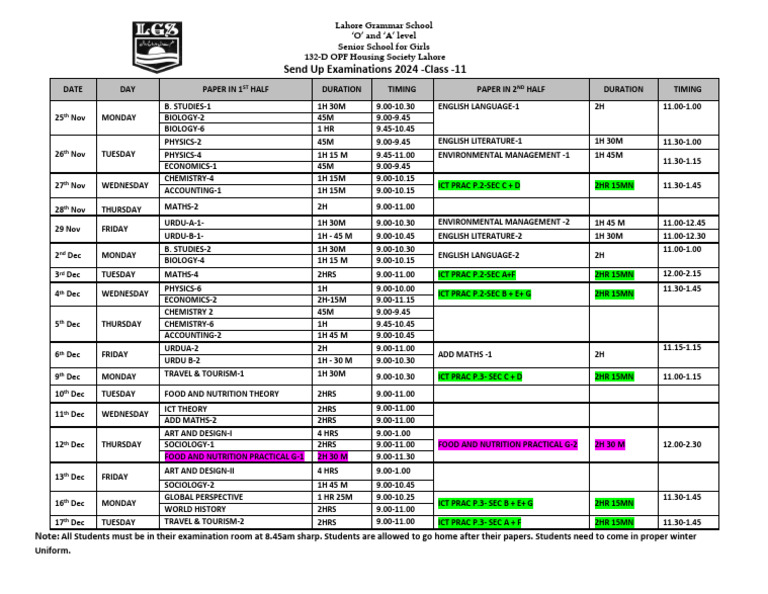 Date Sheet 11 SENDUP 2024-25 Starting 25 Nov | PDF